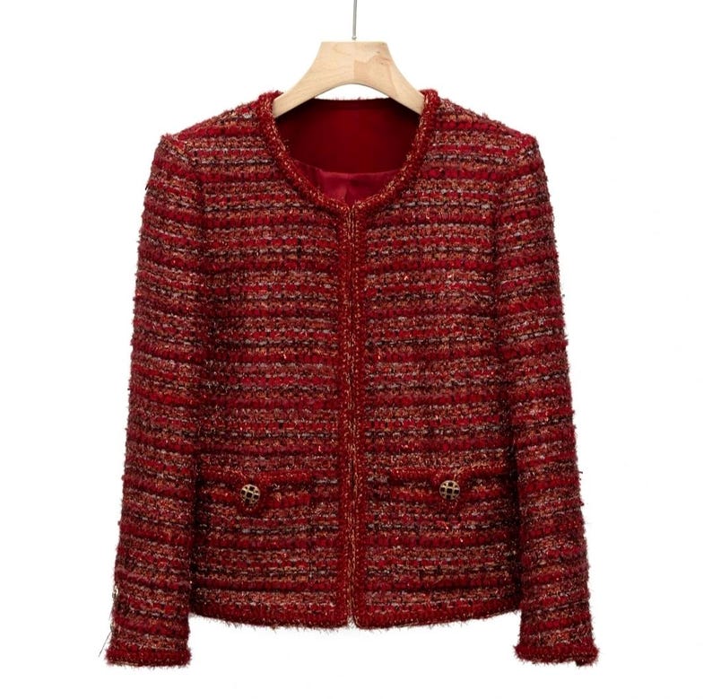 Handmade Tweed Boucle Ruby Red Jacket With Gem Button - Etsy