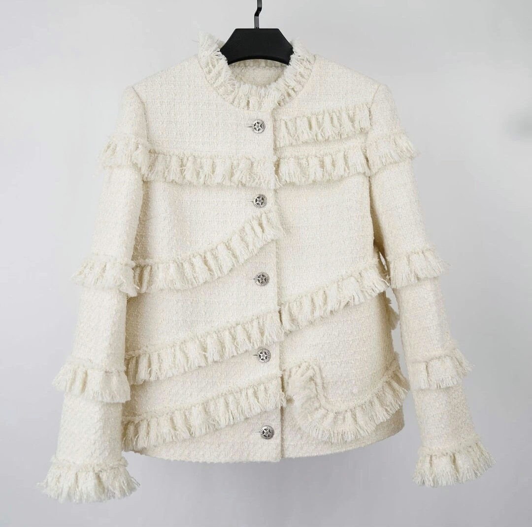 Handmade Tweed Boucle Ivory Jacket With Irregular Ruffle Fringes - Etsy