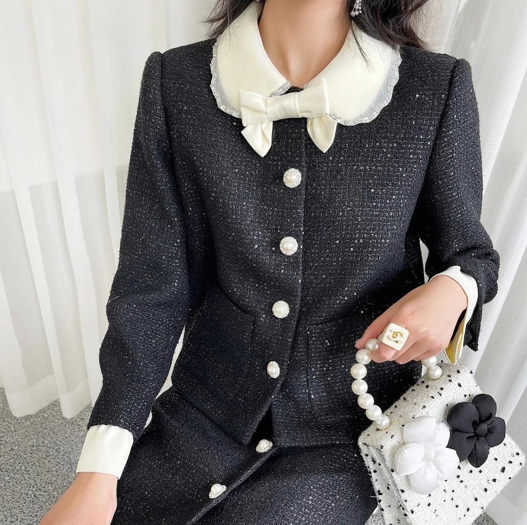 Handmade Tweed Boucle Sequin Black Co-ord Set With Bow Tie - Etsy