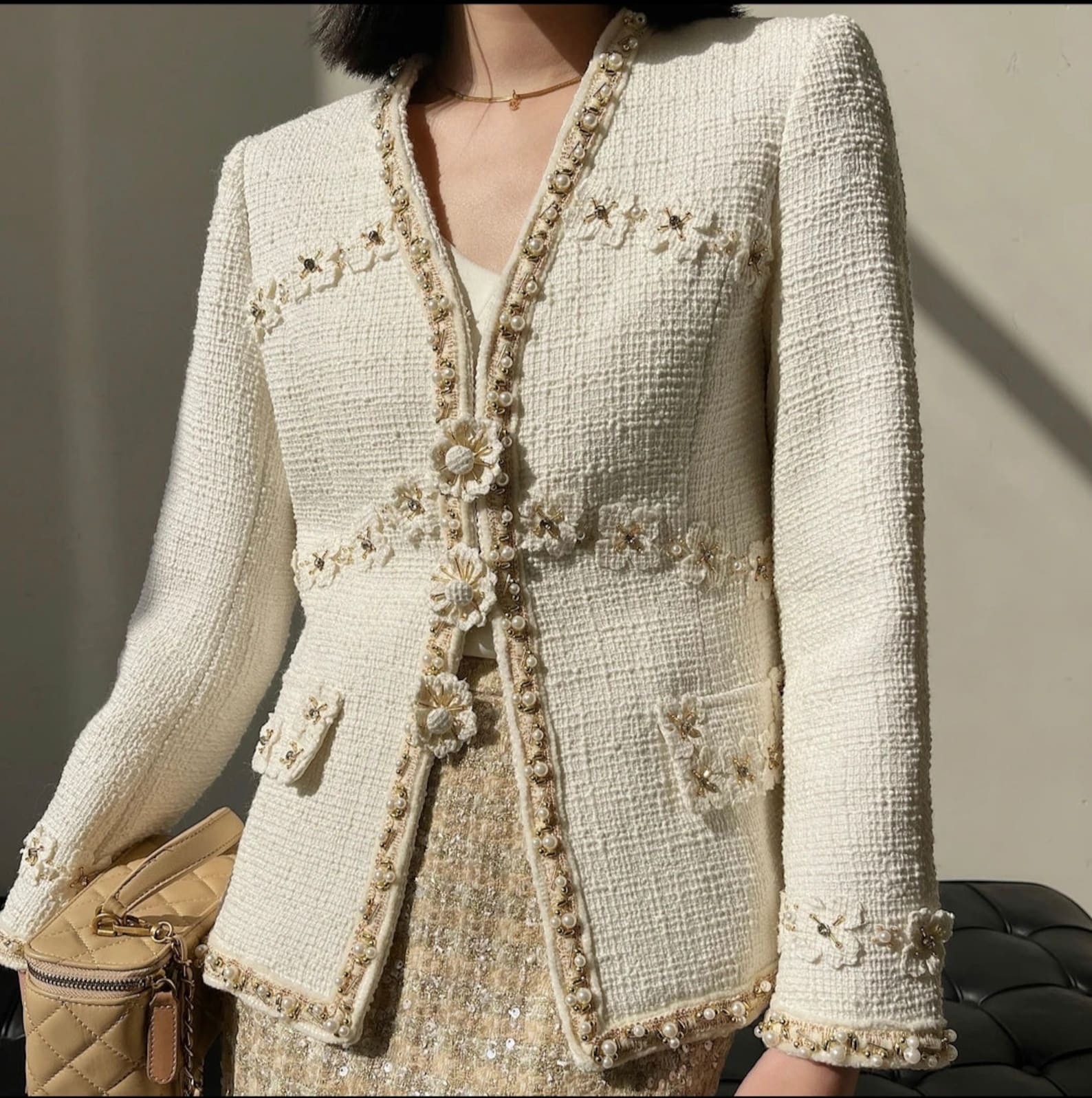 Handmade Tweed Boucle 3D Ivory Floral Jacket With Pearls Metallic ...