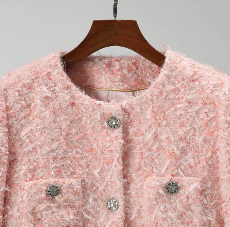 Handmade Tweed Boucle Pink Jacket With Fluffy Knitted Fringes - Etsy