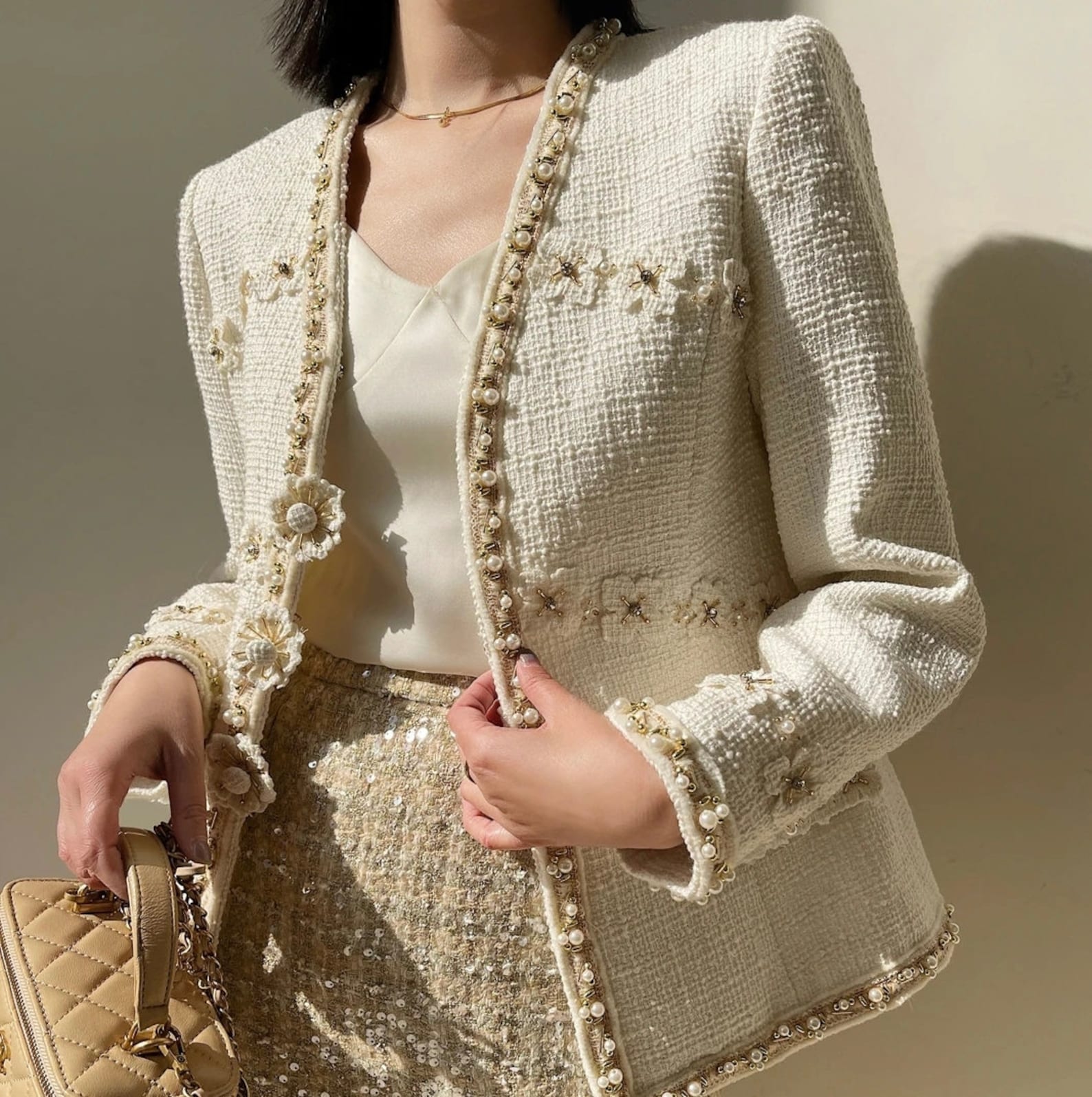 Handmade Tweed Boucle 3D Ivory Floral Jacket With Pearls Metallic ...