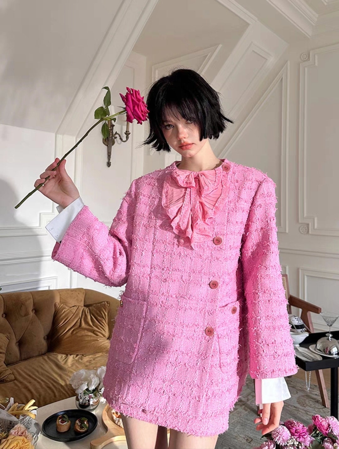 Handmade Tweed Boucle Relaxed Fit Pink Jacket Dress With Bow Tie - Etsy