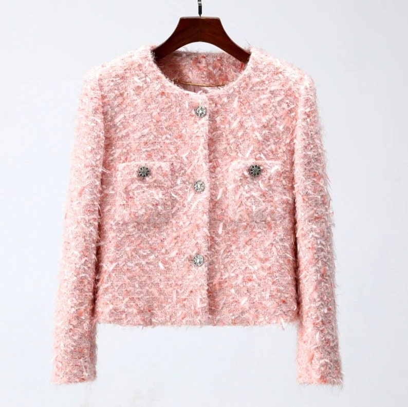 Handmade Tweed Boucle Pink Jacket With Fluffy Knitted Fringes - Etsy