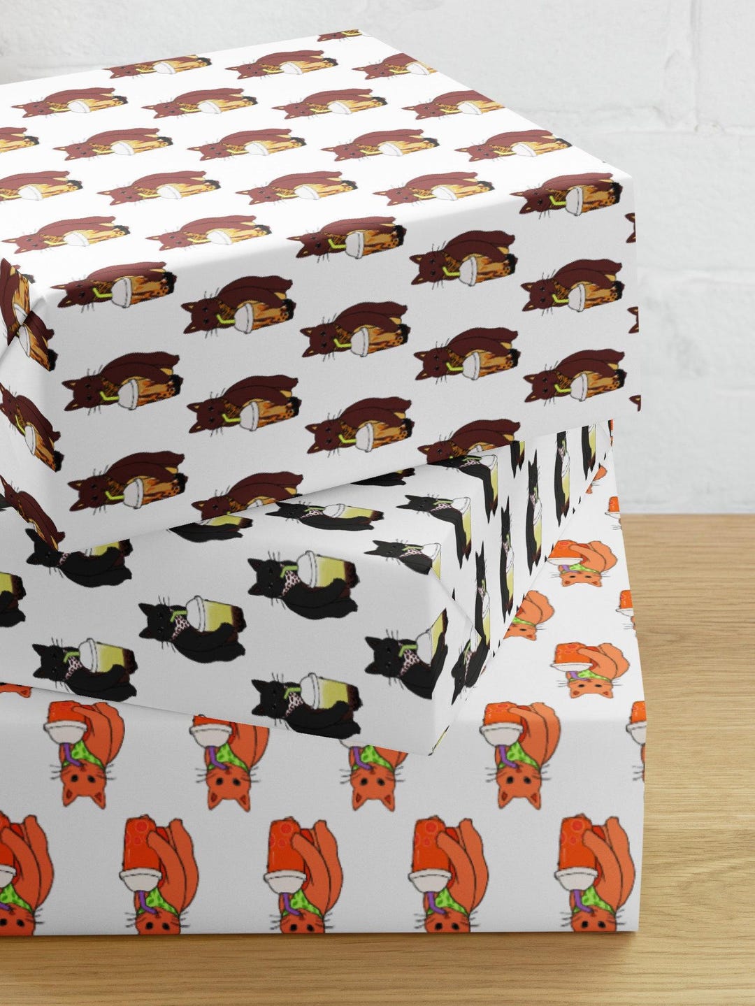 Matcha/taro/original Milk Tea Boba Cat Wrapping Paper - Etsy