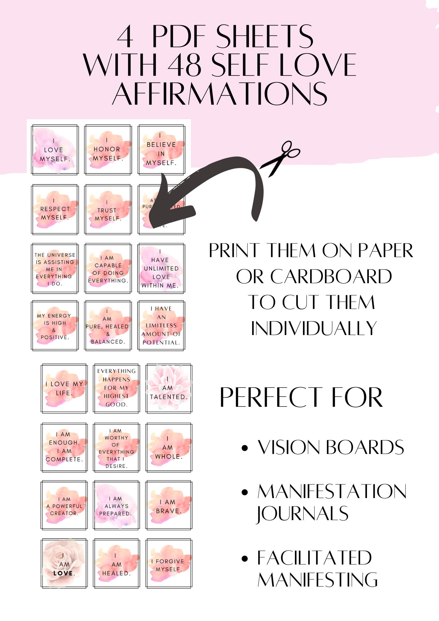 Self Love Affirmation Cards Printable, Pink Mindfulness Cards, Manifest ...