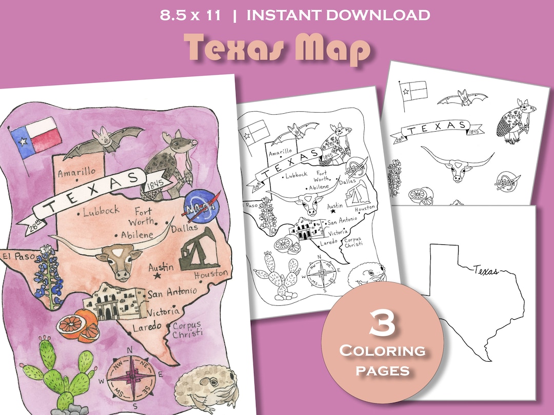 Texas Coloring Page Printable, State Map Packet, Travel Poster Print ...
