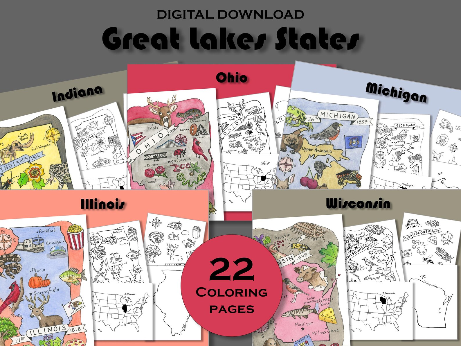 Great Lakes Coloring Page Printable, State Map Poster Print, Education ...