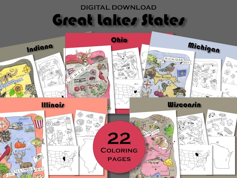 Great Lakes States Coloring Pages: US Map Activity, USA Geography ...
