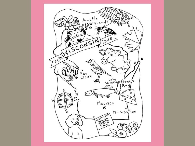 Wisconsin Coloring Page: State Map Activity, Symbols, and USA Geography ...