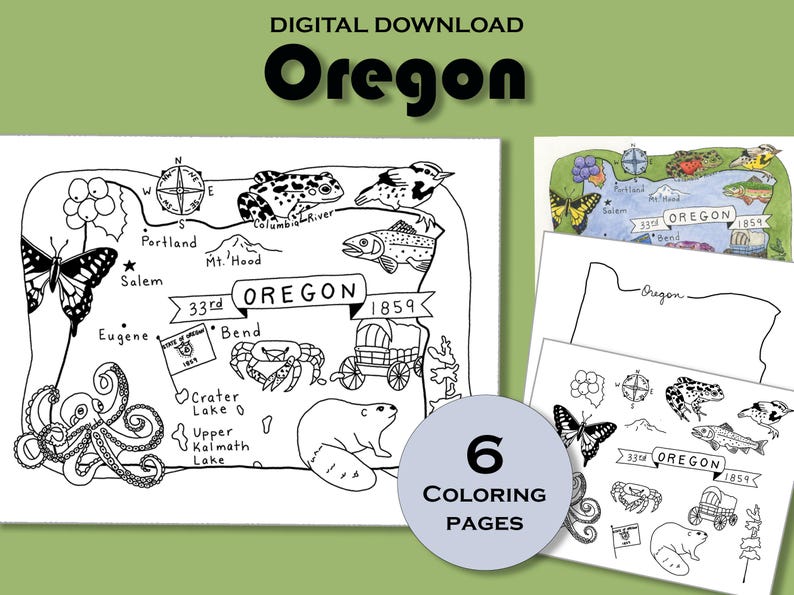 Oregon Coloring Page Printable, State Map Worksheet, Travel Poster ...