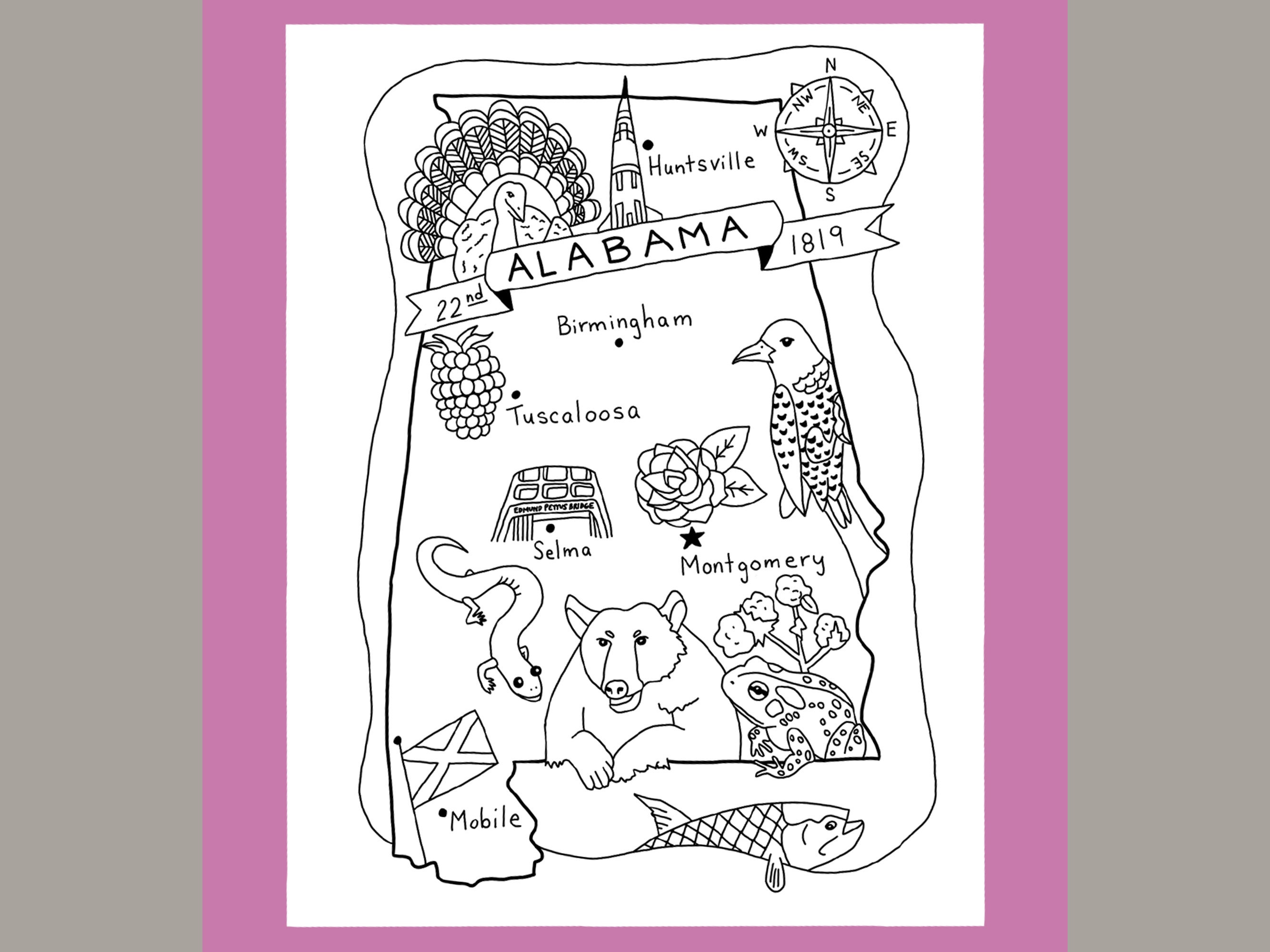 Alabama Coloring Page: State Map Activity, Symbols, and USA Geography ...
