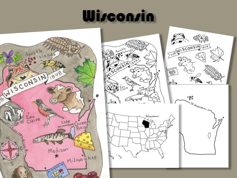 Great Lakes Coloring Page Printable, State Map Poster Print, Education ...