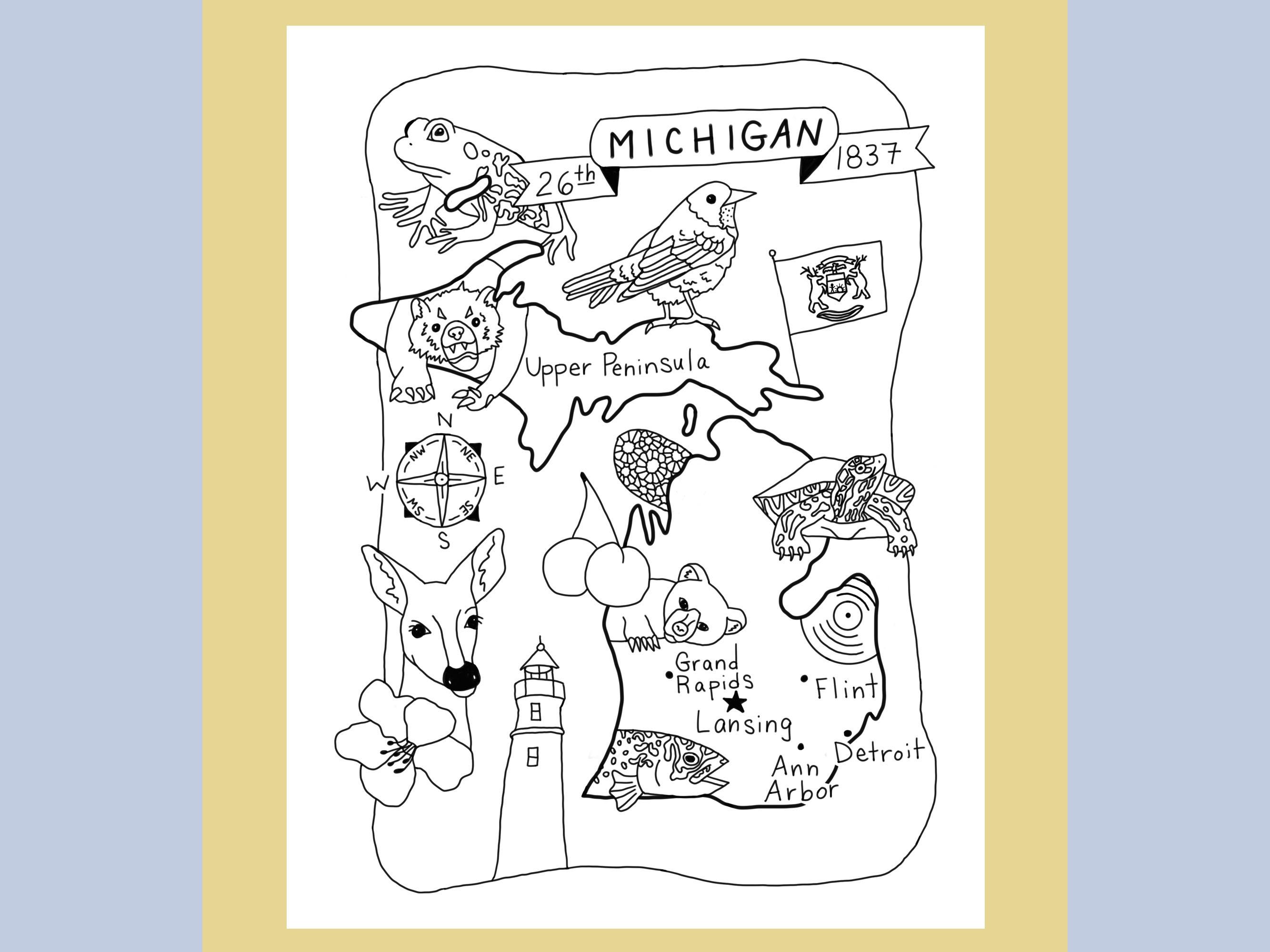 Michigan Coloring Page: State Map Activity, Symbols, and USA Geography ...
