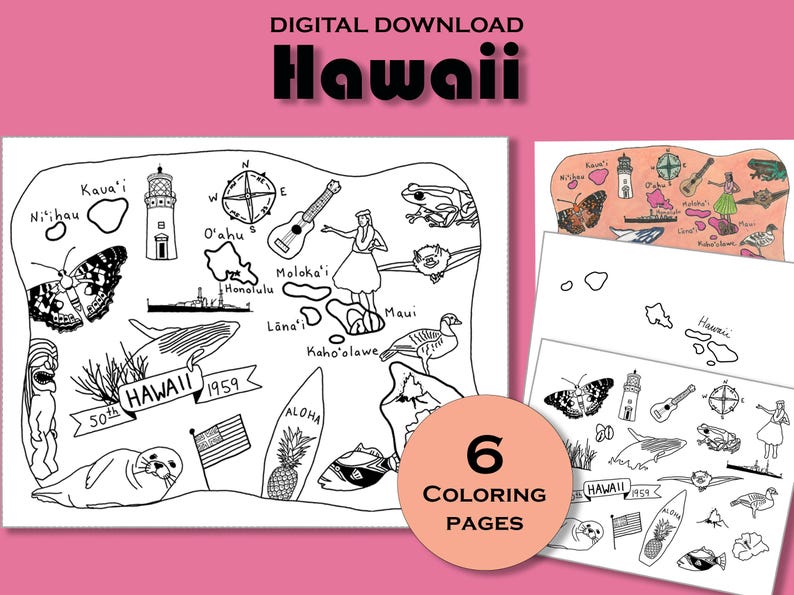 Hawaii Coloring Page: State Map & Symbols Activity (digital Download ...