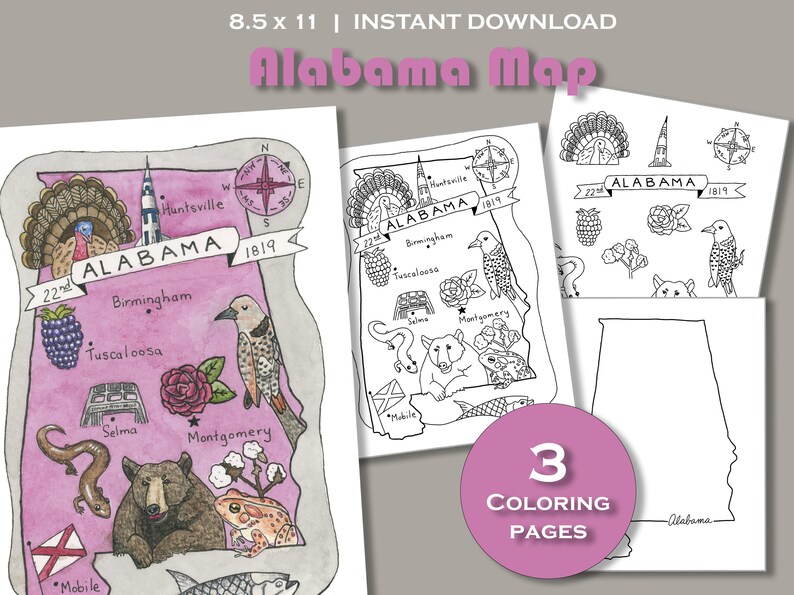 Alabama Coloring Page Printable, State Map Packet, Travel Poster Print ...