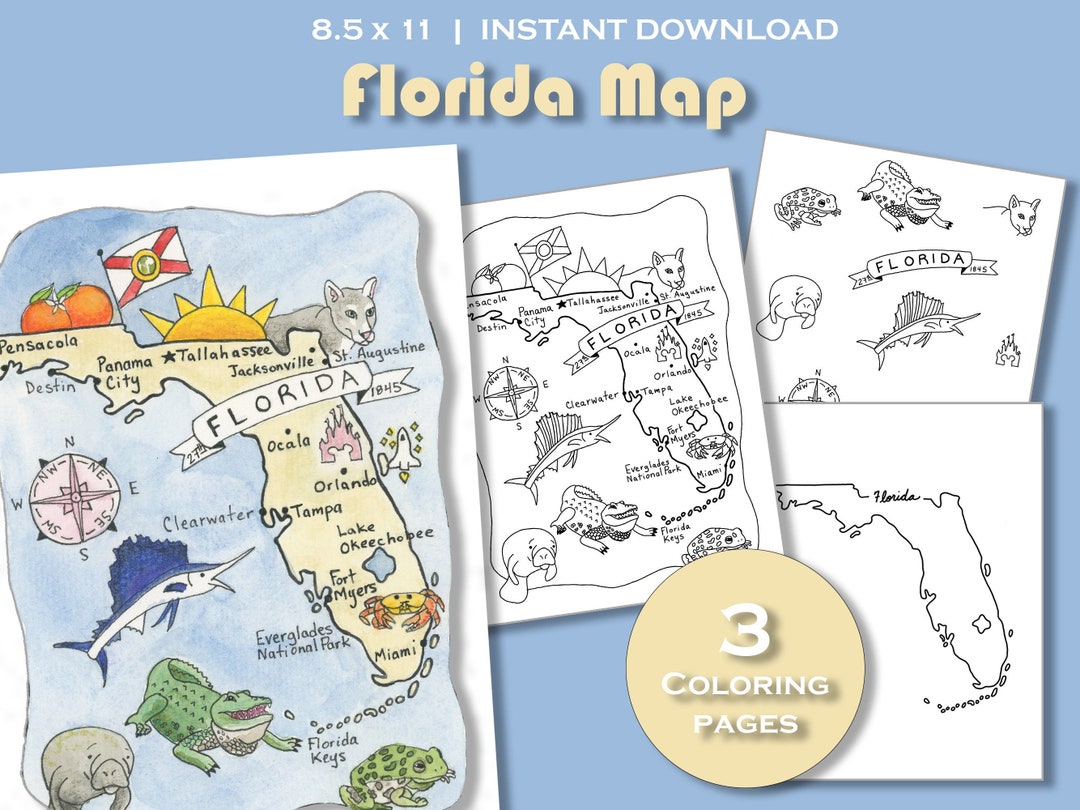 Florida Coloring Page Printable, State Map Packet, Travel Poster Print ...