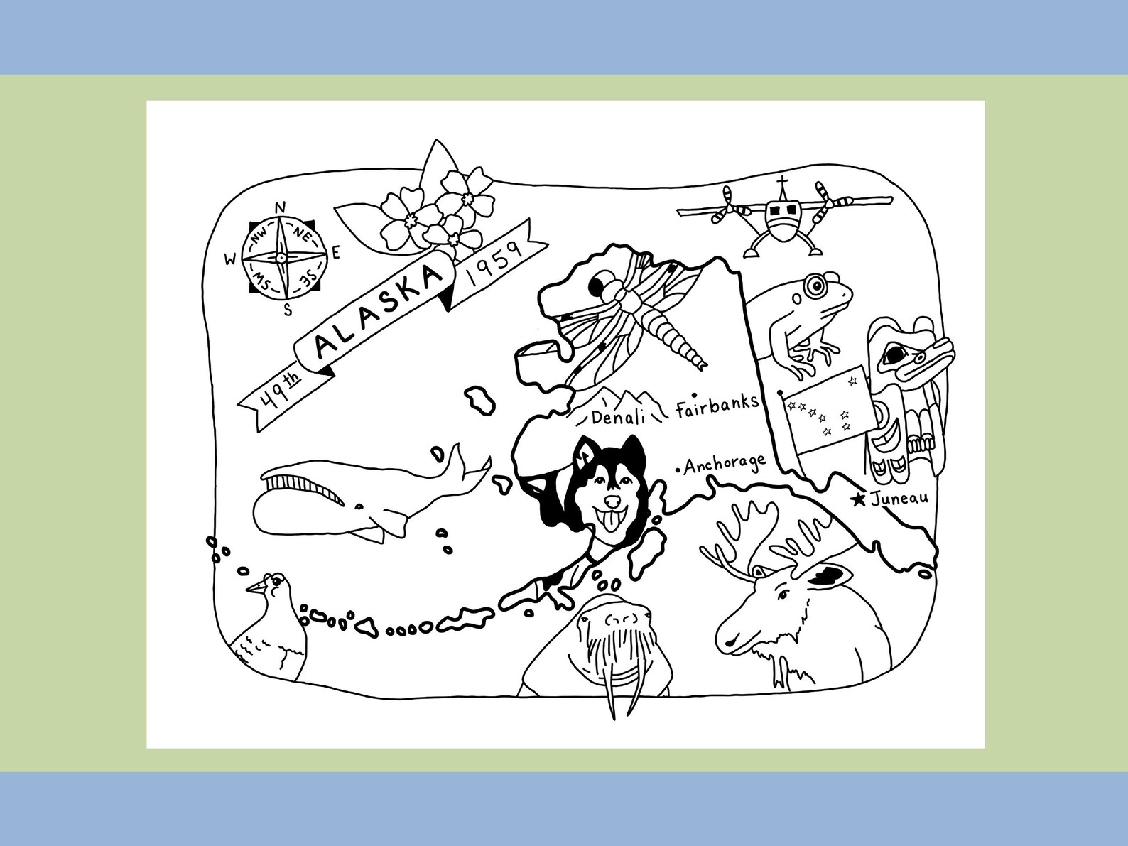 Alaska Coloring Page Printable, State Map Packet, Travel Poster Print ...