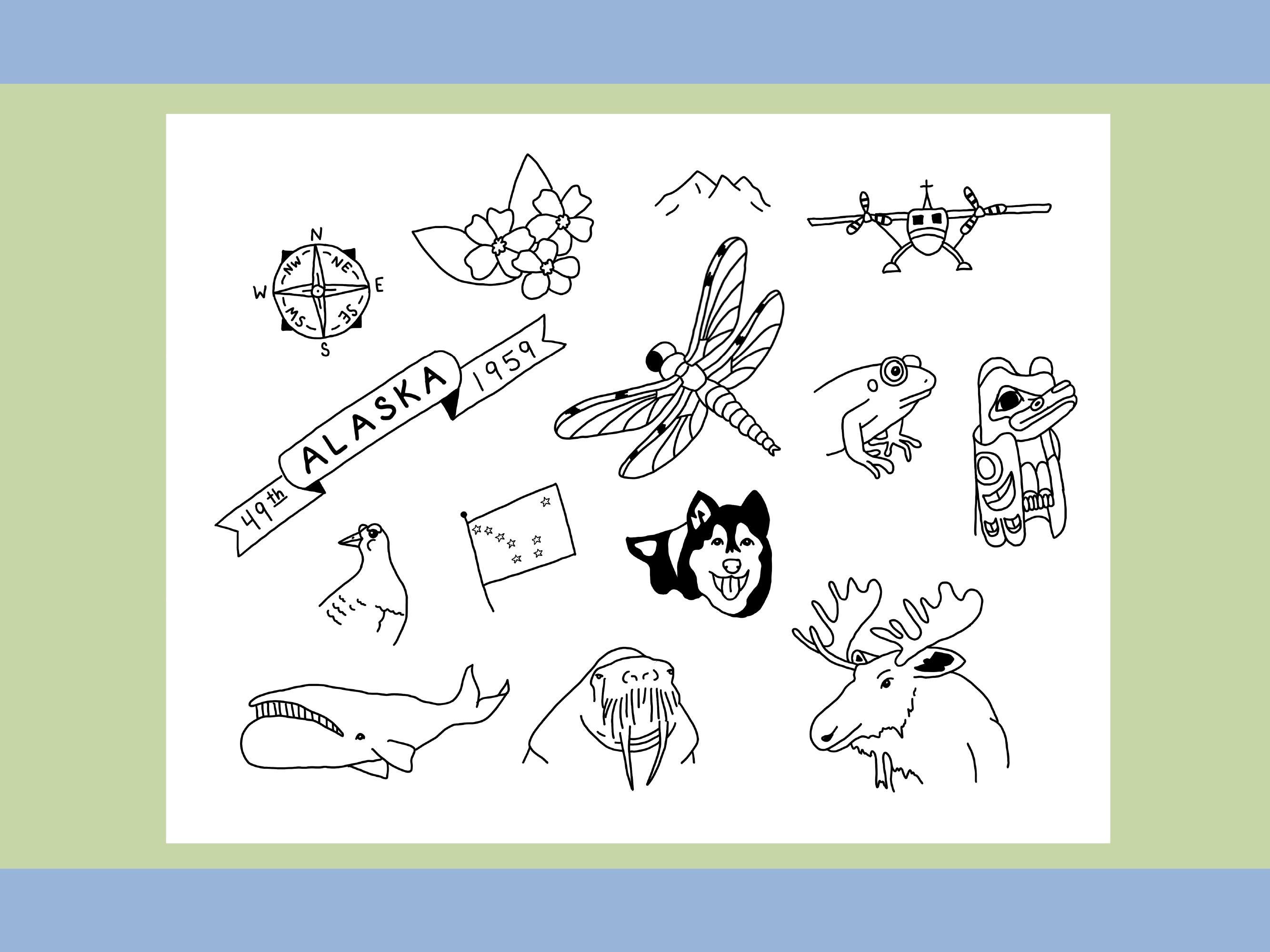 Alaska Coloring Page Printable, State Map Packet, Travel Poster Print ...