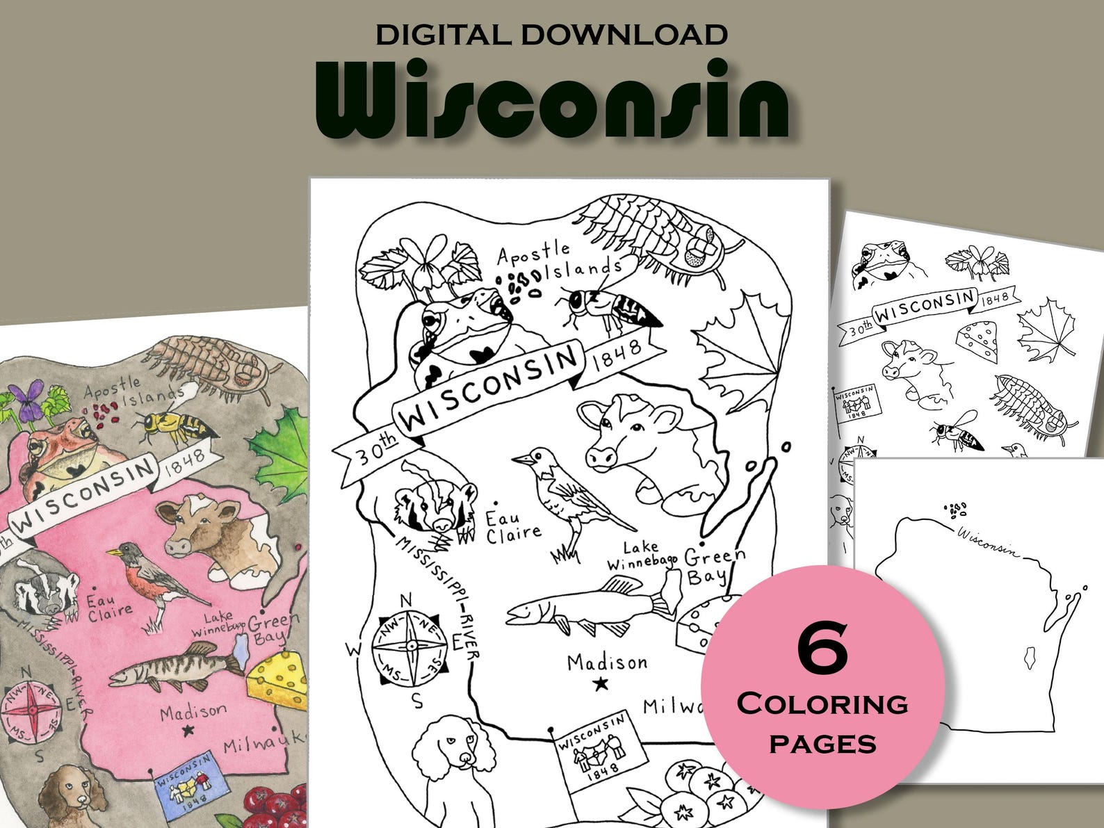 Wisconsin Coloring Page: State Map Activity, Symbols, and USA Geography ...