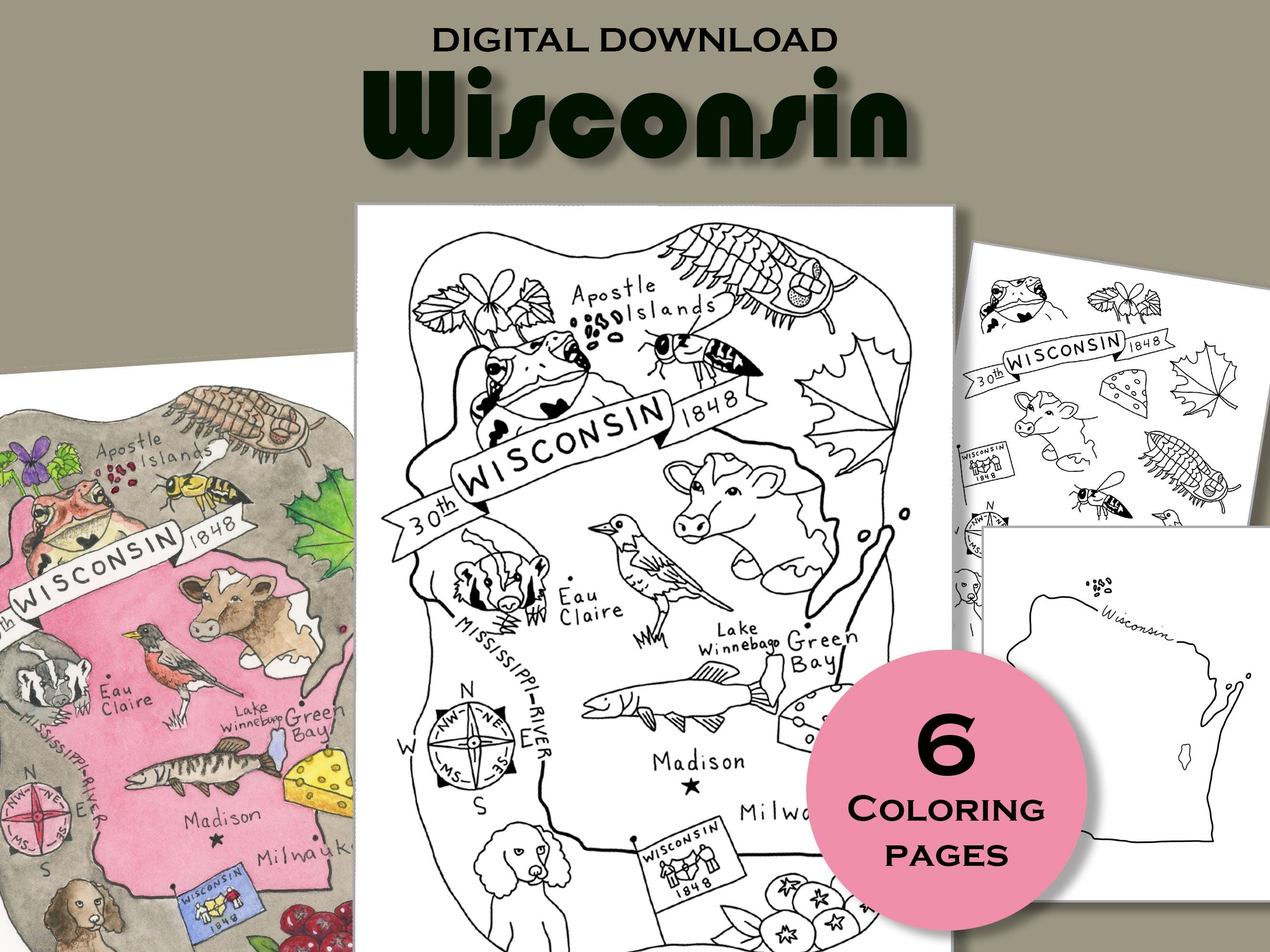 Wisconsin Coloring Page: State Map Activity, Symbols, and USA Geography ...