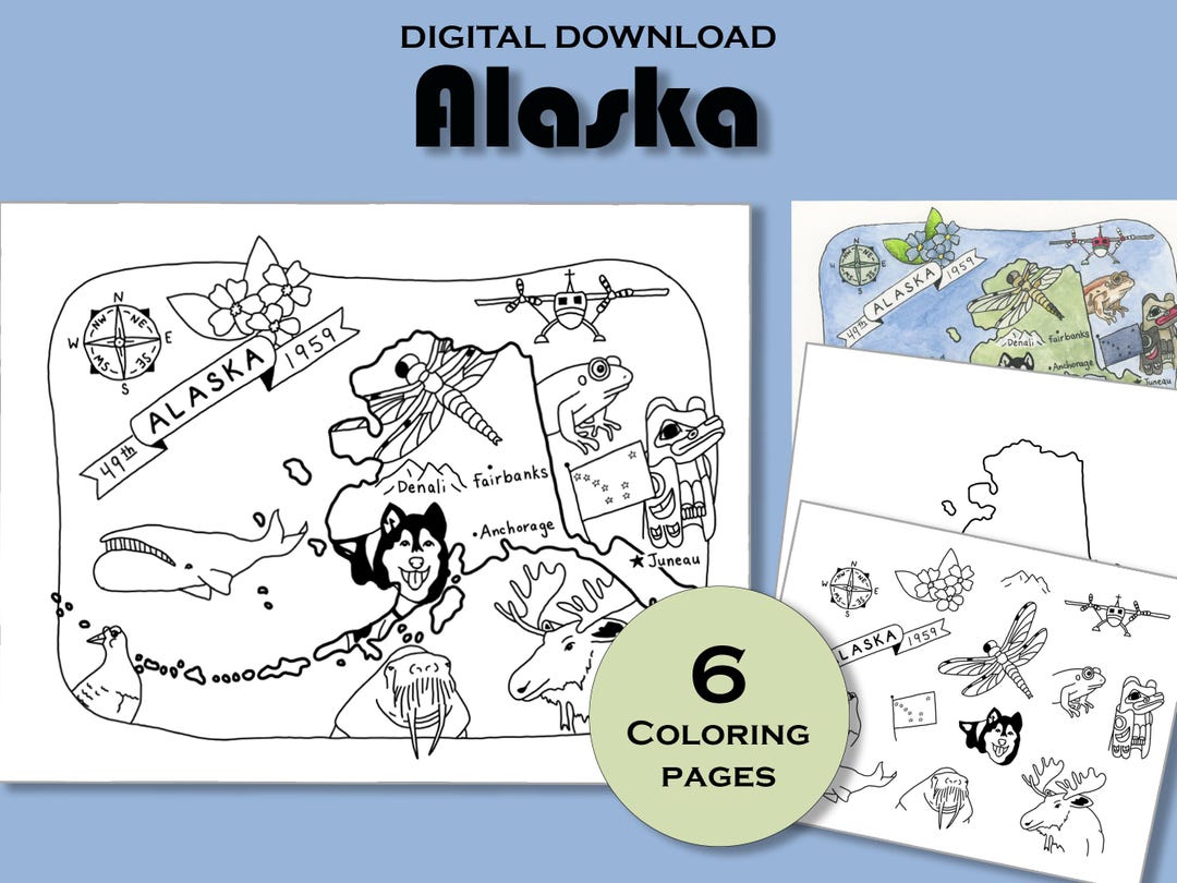 Alaska Coloring Page Printable, State Map Worksheet, Travel Poster ...