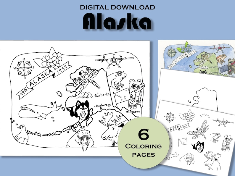 Alaska Coloring Page Printable, State Map Worksheet, Travel Poster ...