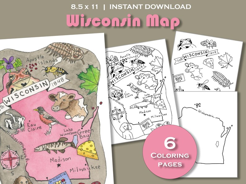 Wisconsin Coloring Page Printable, State Map Packet, Travel Poster ...