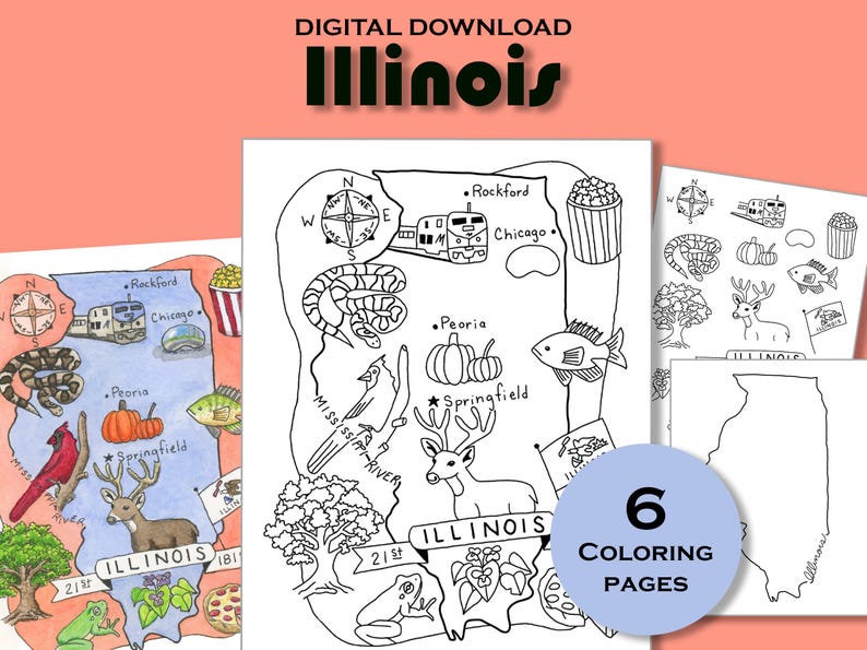 Illinois Coloring Page: State Map Activity, Symbols, and USA Geography ...
