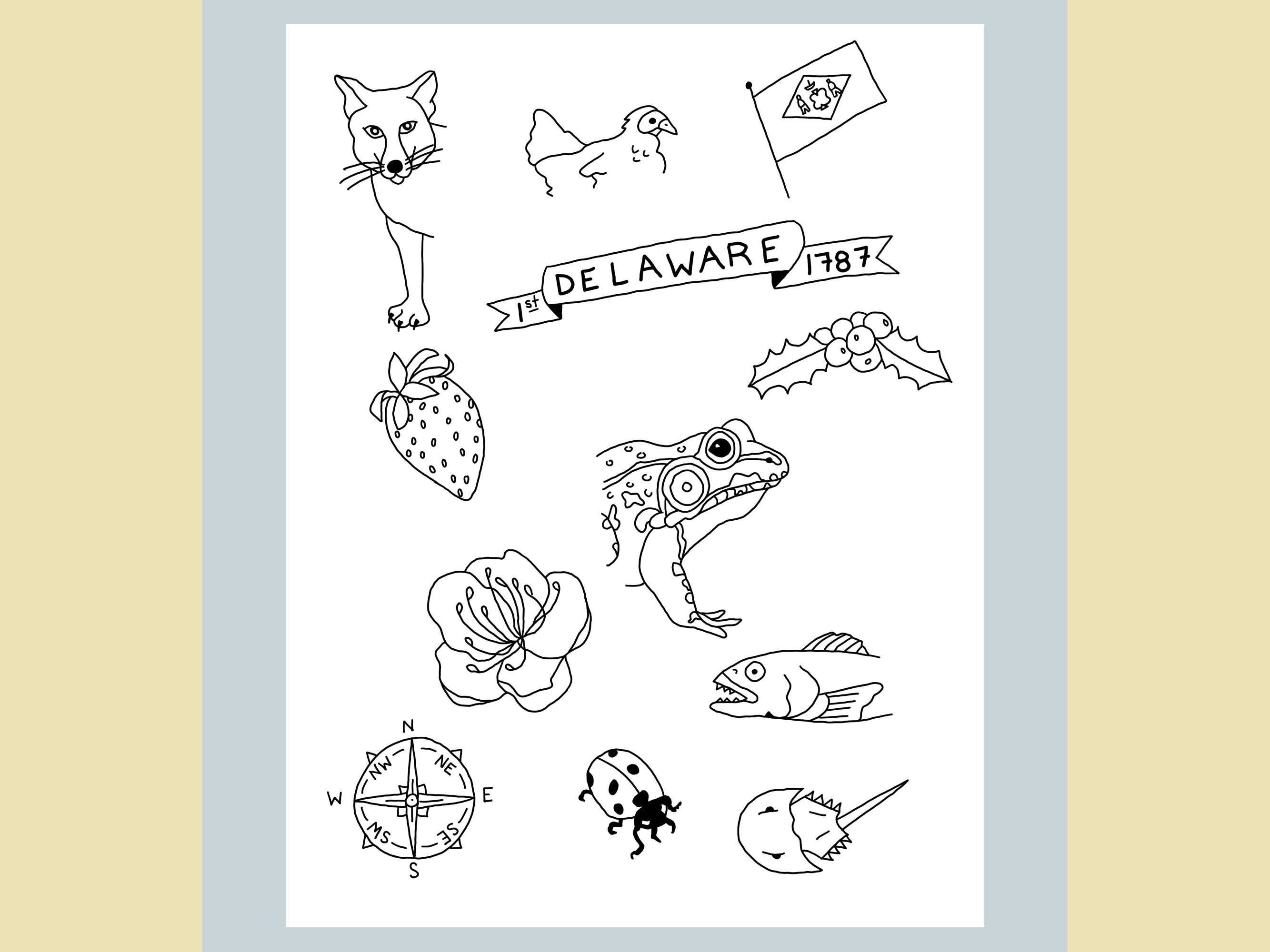 Delaware Coloring Page Printable, State Map Packet, Travel Poster Print ...