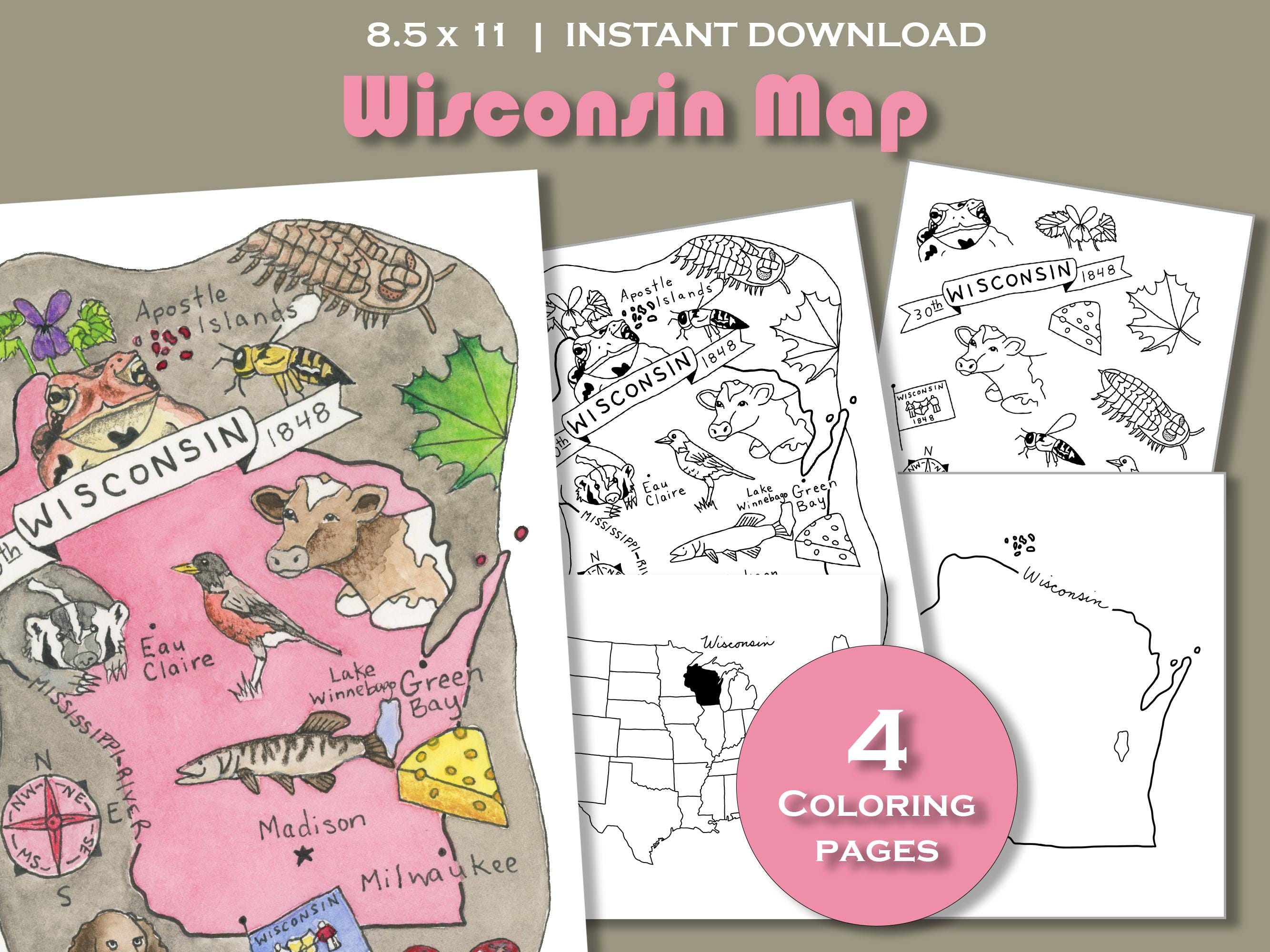Great Lakes Coloring Page Printable, State Map Poster Print, Education ...