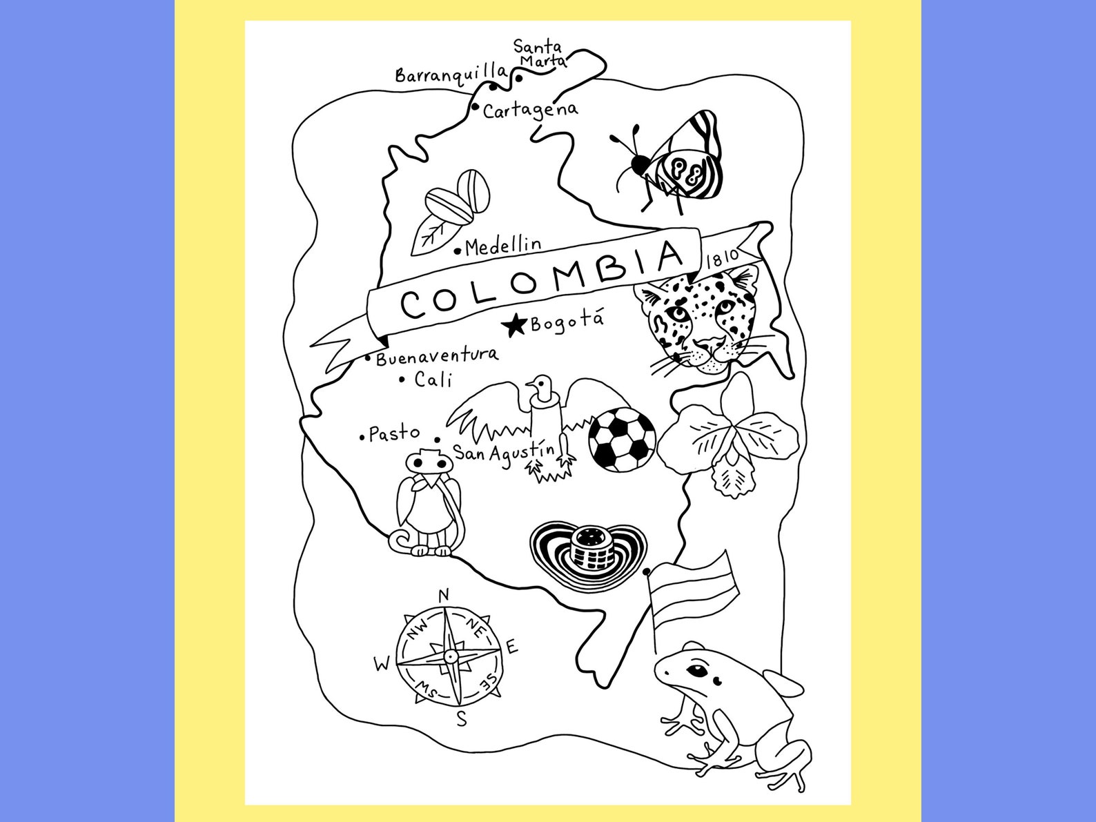 Colombia Coloring Page Printable, Country Map Worksheet, Travel Poster ...