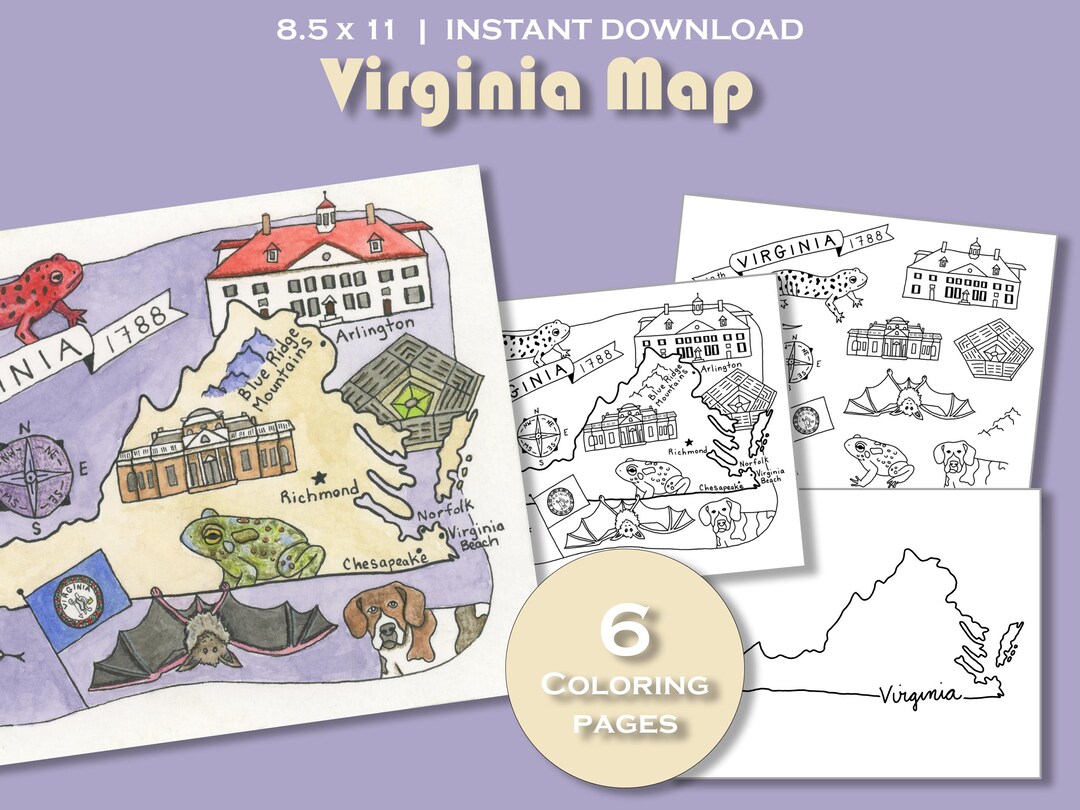 Virginia Coloring Page Printable, State Map Packet, Travel Poster Print ...