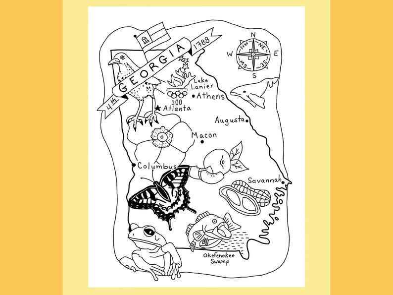 Georgia Coloring Page Printable, State Map Packet, Travel Poster Print ...