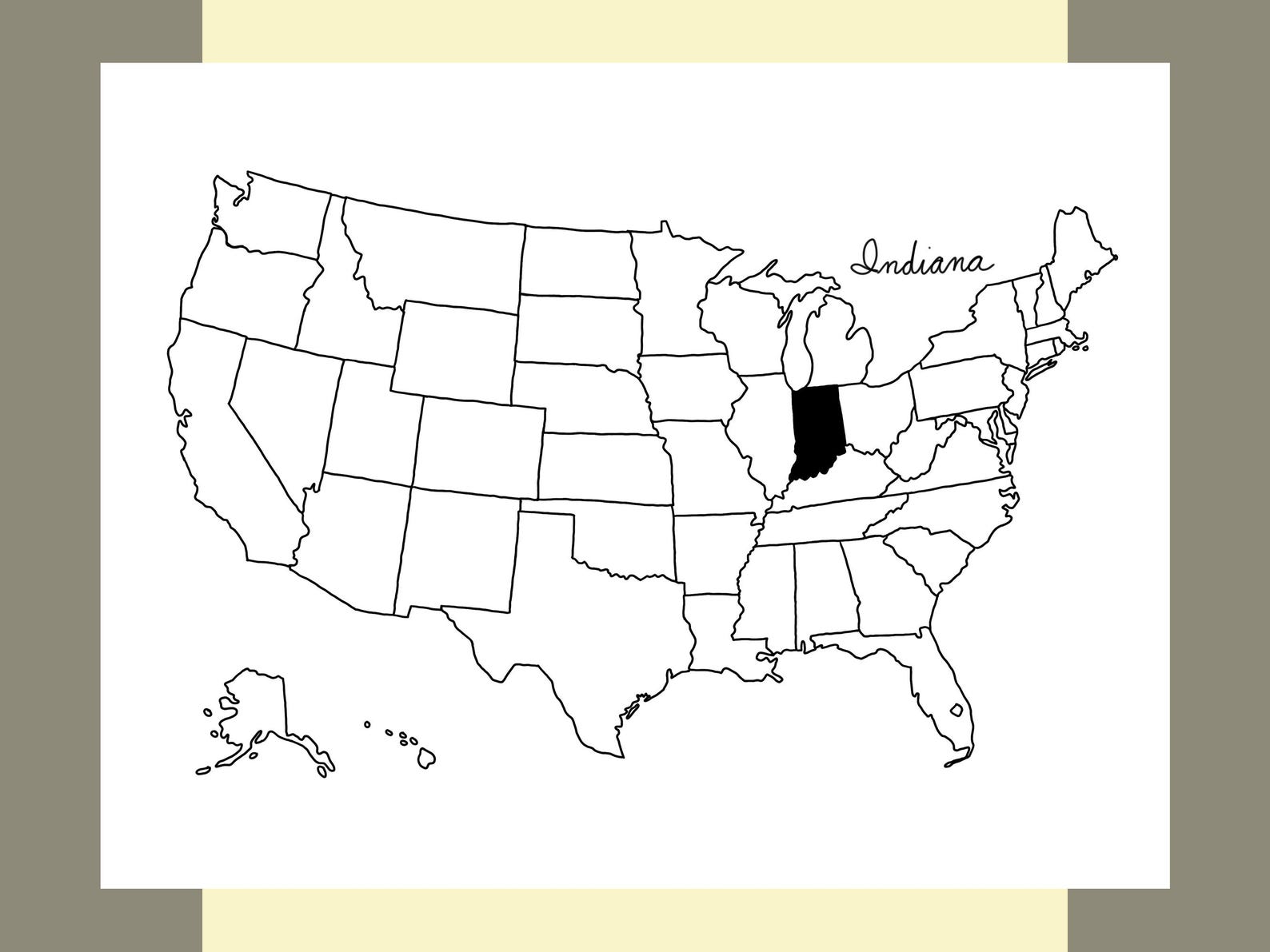 Indiana Coloring Page Printable, State Map Worksheet, Travel Poster ...