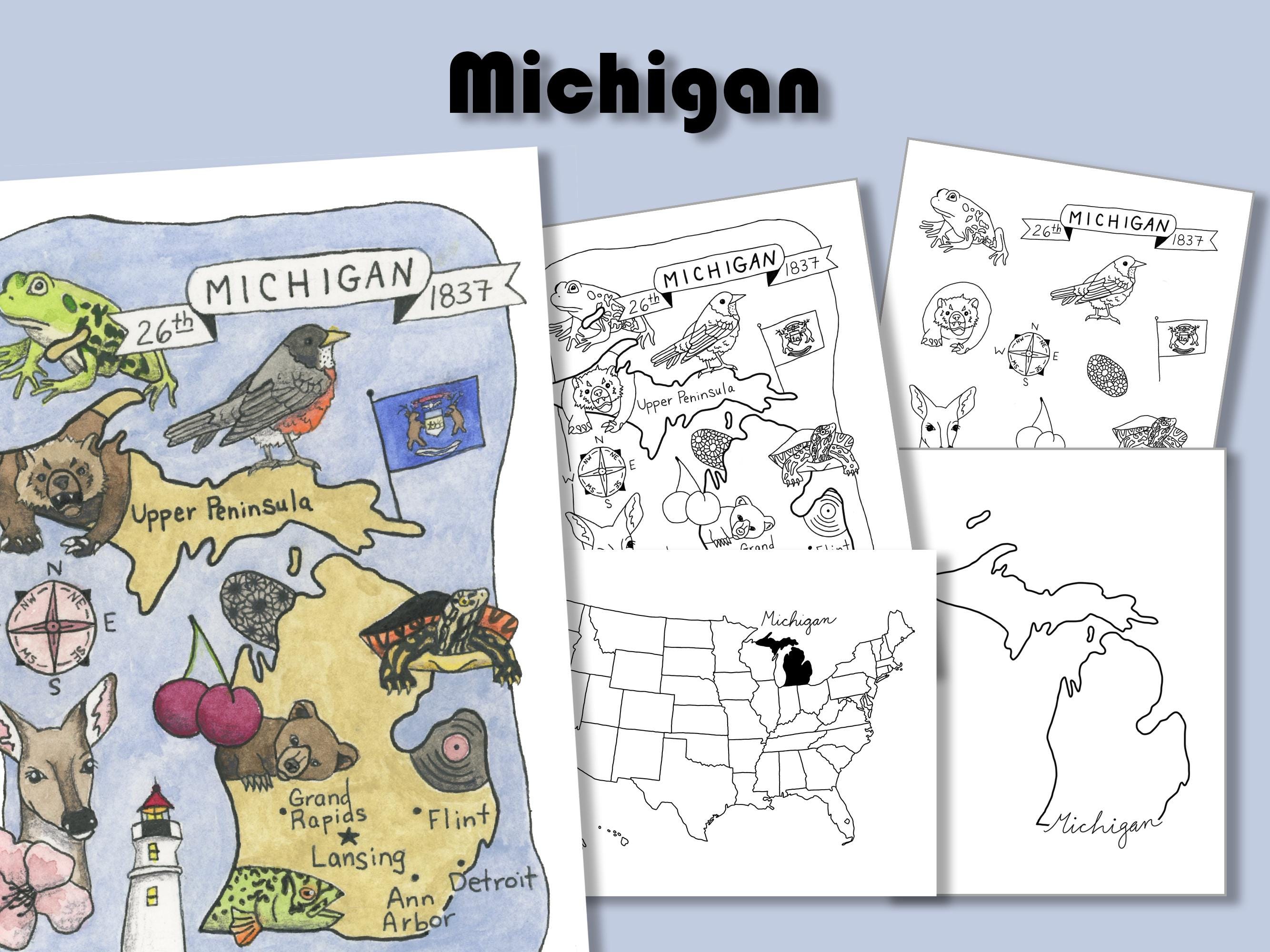 Great Lakes Coloring Page Printable, State Map Poster Print, Education ...