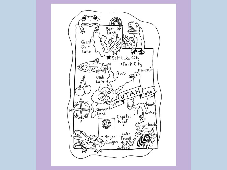 Utah Coloring Page Printable, State Map Packet, Travel Poster Print ...