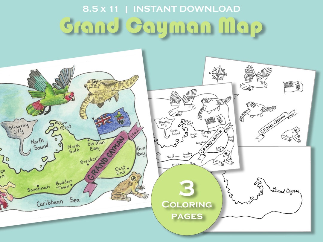 Grand Cayman Coloring Page Printable, Country Map Packet, Travel Poster ...