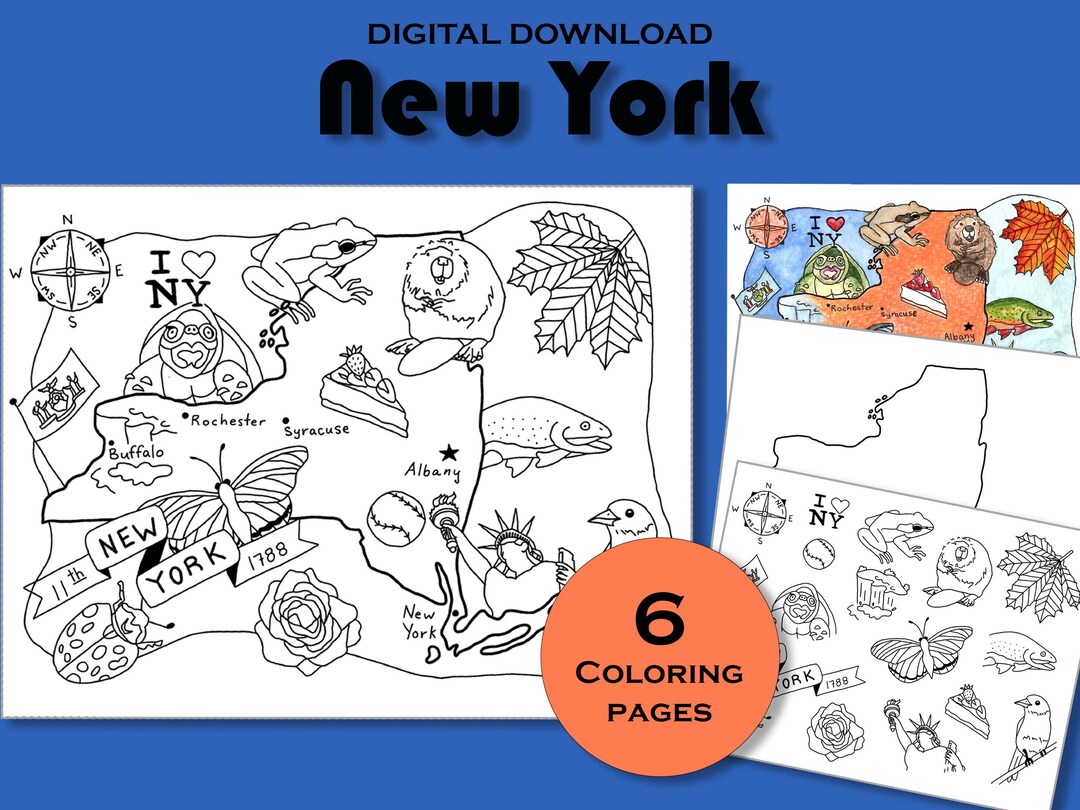 New York Coloring Page: State Map Activity, Symbols, and USA Geography ...