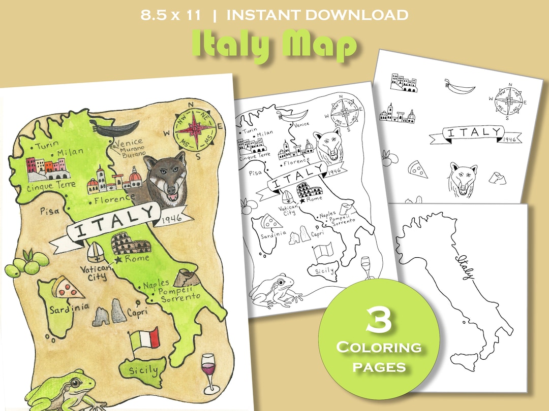 Italy Coloring Page Printable, Country Map Packet, Travel Poster Print ...