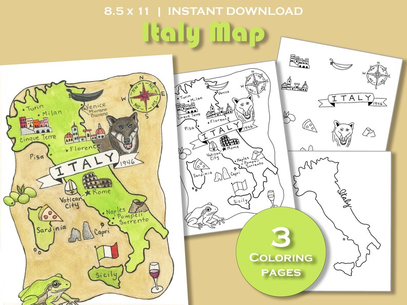 Italy Coloring Page Printable, Country Map Packet, Travel Poster Print ...