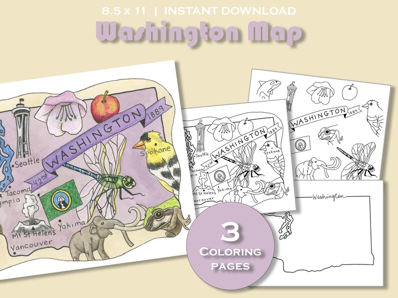 Washington Coloring Page Washington State Map Washington - Etsy