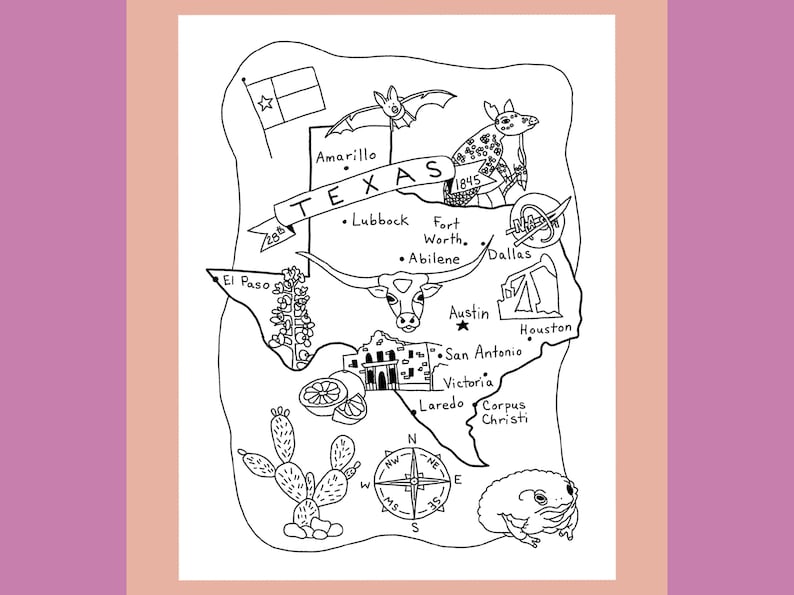 Texas Coloring Page Printable, State Map Packet, Travel Poster Print ...