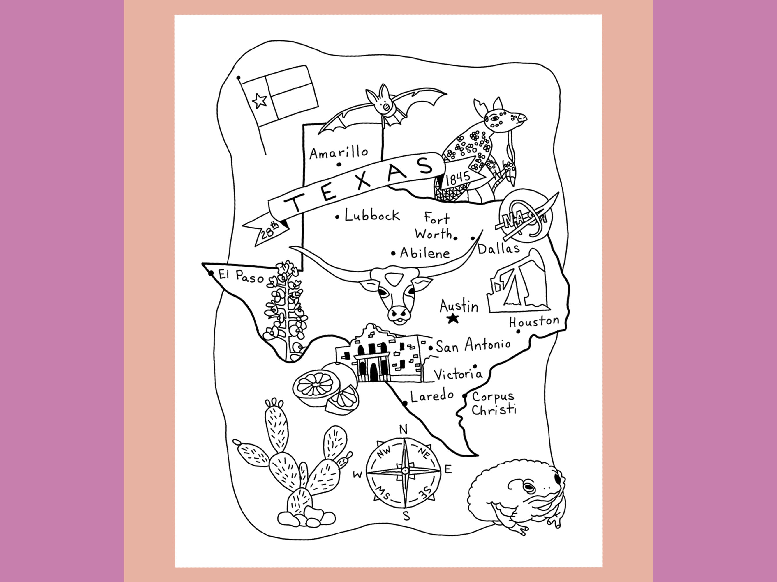 Texas Coloring Page Printable, State Map Packet, Travel Poster Print ...