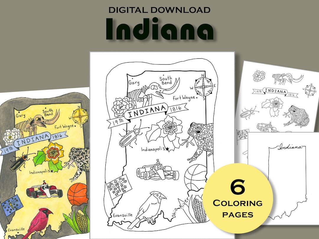 Indiana Coloring Page Printable, State Map Worksheet, Travel Poster ...