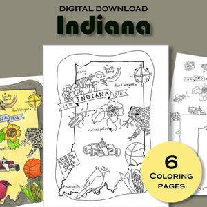 Indiana Coloring Page Printable, State Map Worksheet, Travel Poster ...