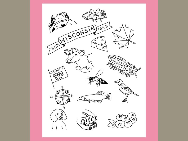 Wisconsin Coloring Page Printable, State Map Worksheet, Travel Poster ...