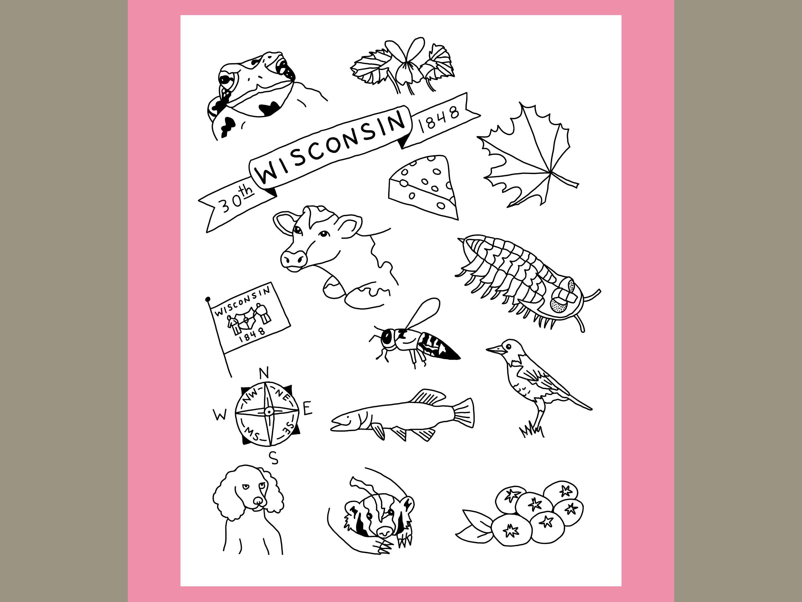 Wisconsin Coloring Page: State Map Activity, Symbols, and USA Geography ...