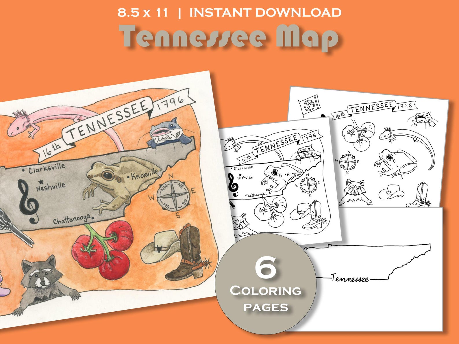 Tennessee Coloring Page Printable, State Map Packet, Travel Poster ...