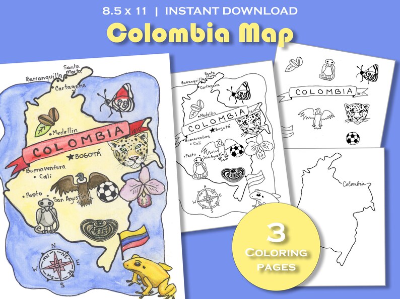 Colombia Coloring Page Printable, Country Map Packet, Travel Poster ...